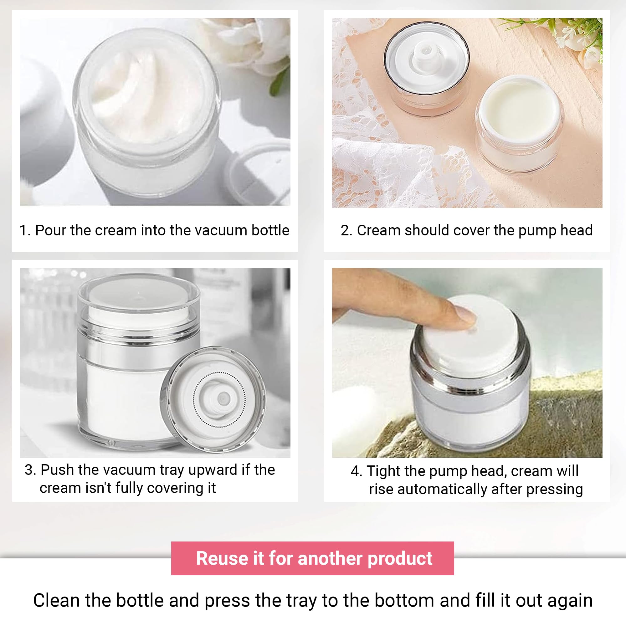 VEEVA ACCESSORIES 3 Pack Airless Pump Jar Set - Airless Cosmetic Pump Container with Makeup Bag - Airless Pump Container - Drunk Elephant Container - Cream Containers with Pump 15ml, 30ml and 50mlC