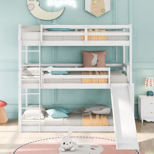 RUNWON Twin over Twin Triple Bunk Beds Frame with Slide,Ladder and Safety Guard Rails for 3 Kids Teens Bedroom,No Box Spring Needed
