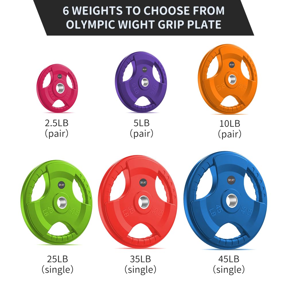 SPART Color Weight Plate 2-Inch Rubber Coated Olympic Grip Plate for Barbell,Solid Cast Iron Weight Plates in Pairs or Single for Strength Training,Weightlifting,Crossfit,Home Gym, 5LB, Pair