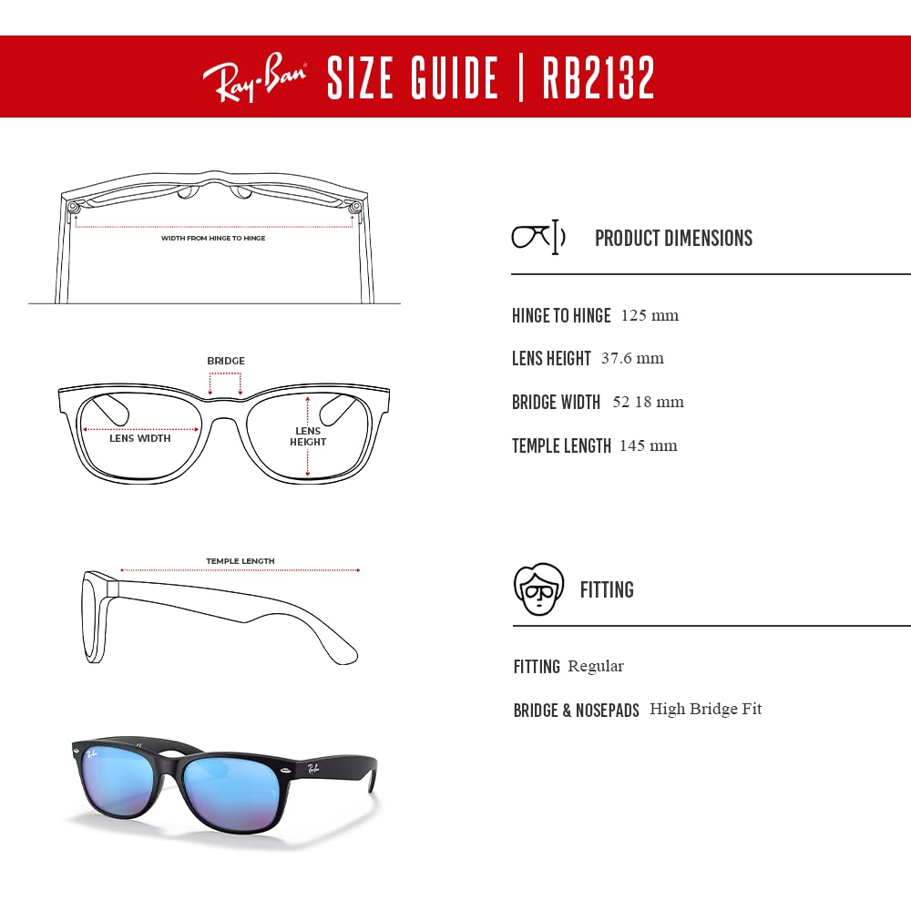 Ray-Ban RB2132 NEW WAYFARER Square Sunglasses For Men For Women + BUNDLE with Designer iWear Eyewear Kit (Rubber Black/Grey Mirror Blue)