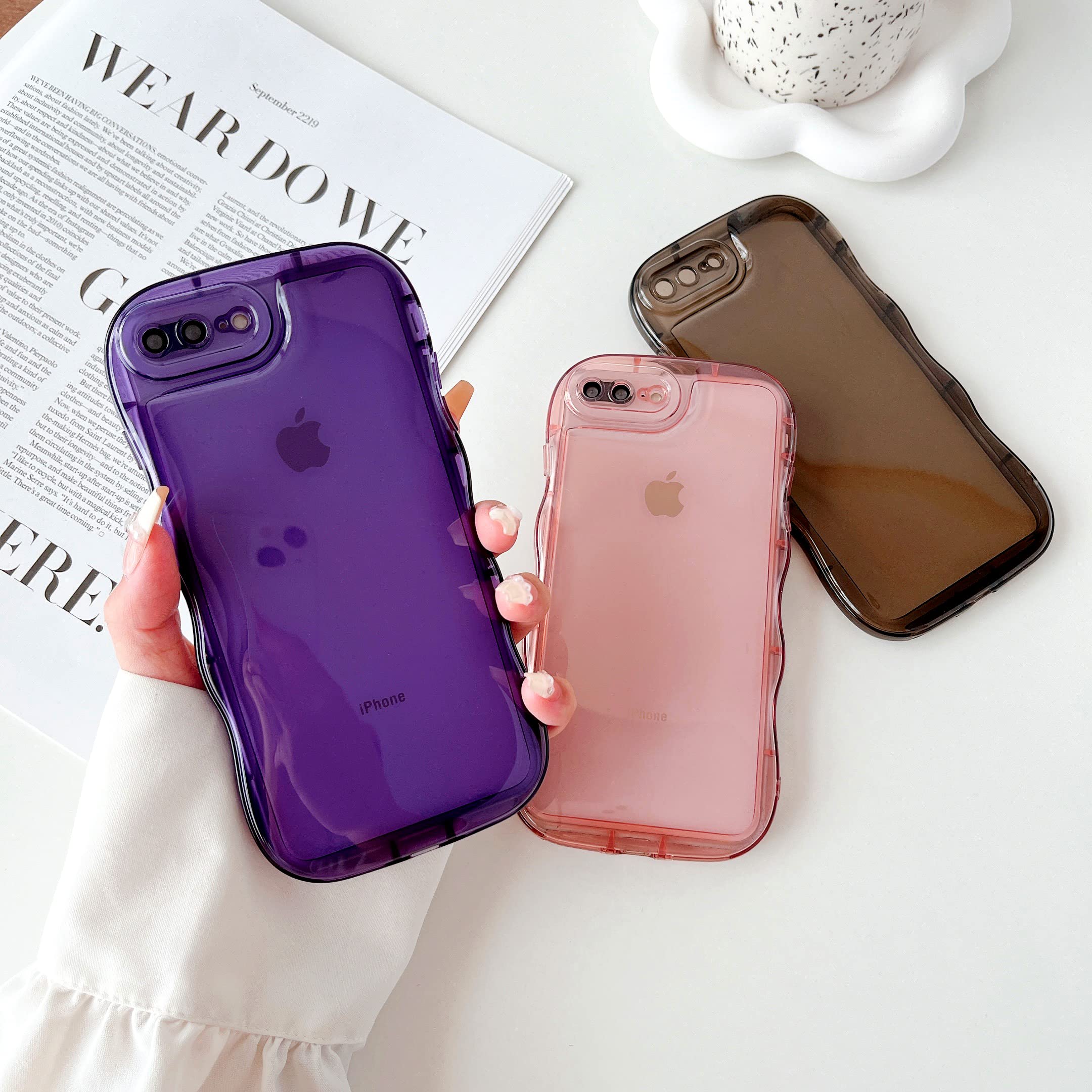 Qokey for iPhone 8 Plus Case,iPhone 7 Plus Case 5.5 inch Cute Clear Love Case Frame Wavy Edge Transparent Full Protective Soft TPU Shockproof Phone Cases Cover for Women Girls,Pink
