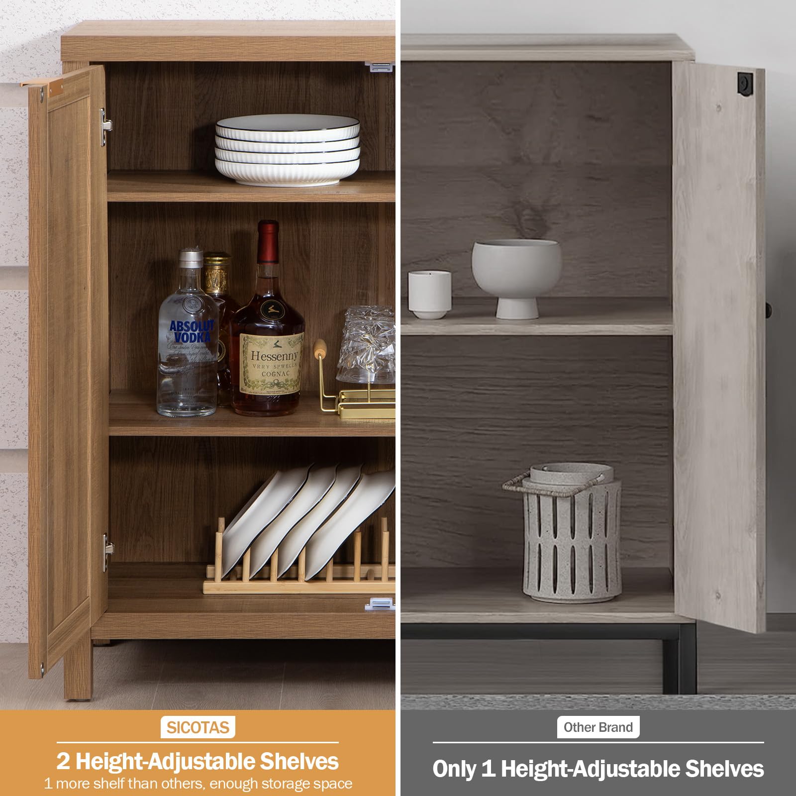 SICOTAS Rattan Sideboard Buffet Credenza Cabinet - 2 Pieces Farmhouse Kitchen Coffee Bar Cabinet with Rattan Decorated Doors - Boho Chest Storage Buffet Cabinet - Oak