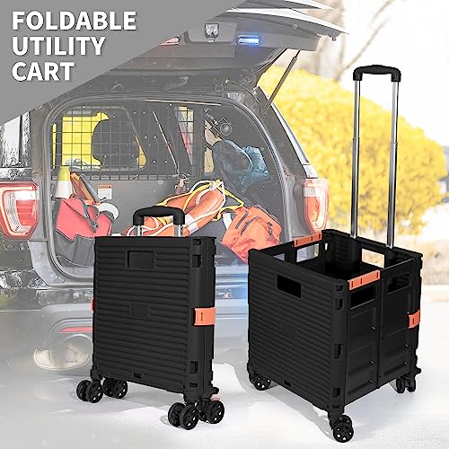 Rolling Crate Utility Cart Collapsible Tote Basket Teacher Cart with Lid Wear-Resistant Noiseless 360°Rotate Wheel Telescoping Handle for Trave Moving Luggage Use(Pink,110lbs)