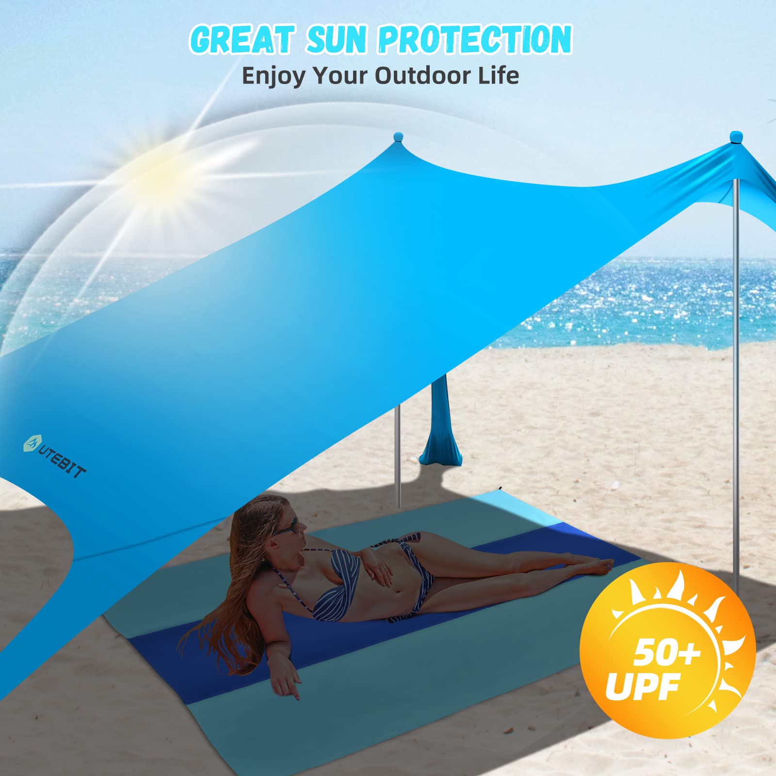 UTEBIT Beach Tent Pop Up Shade with Beach Mat, UPF50+ 10X10 FT Beach Tent Sun Shelter (4-8 Adults) with Sand Shovel, Ground Pegs and 4 Stability Poles, 4 Support Ropes, ect..