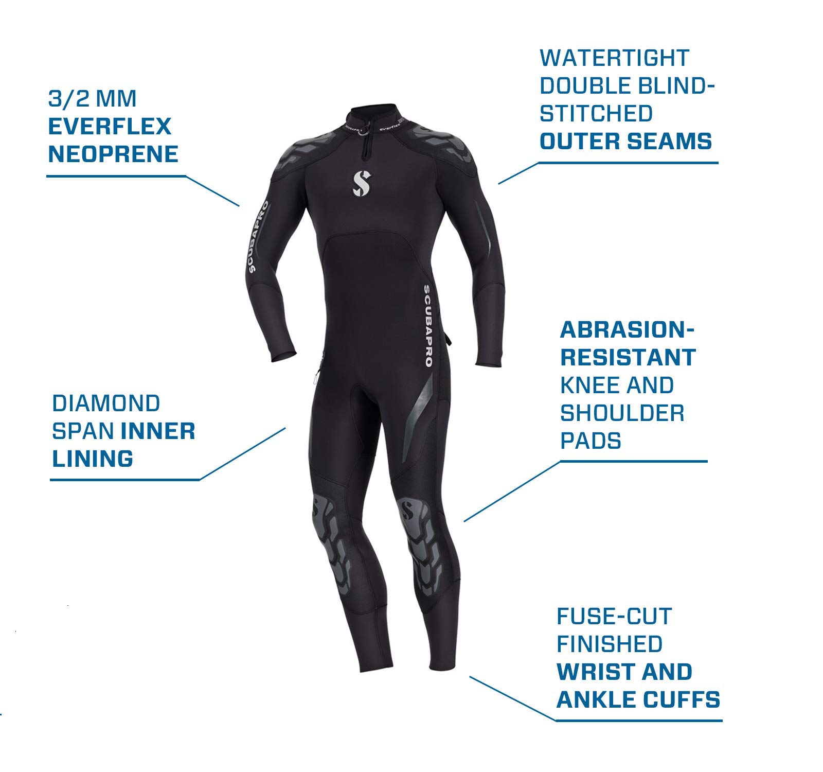 SCUBAPRO Everflex Steamer 3/2 mm Men’s Diving Wetsuit (Small, Black)