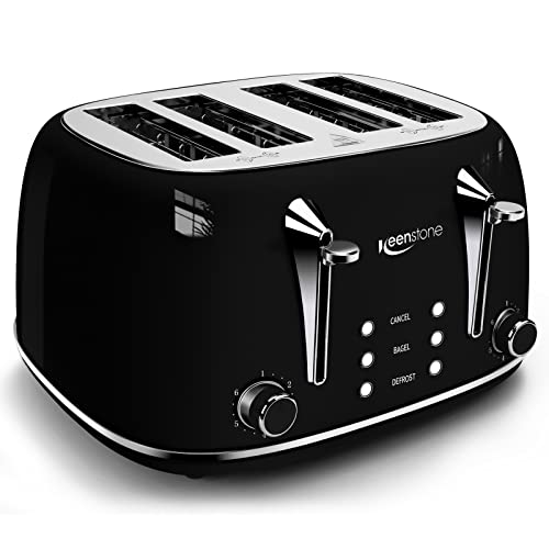 Toaster 4 Slice Stainless Steel Toaster with Bagel, Cancel, Defrost Function, Keenstone 4 Slice Toaster with Removable Crumb Tray, 4 Extra Wide Slots, 6 Shade Settings, Black
