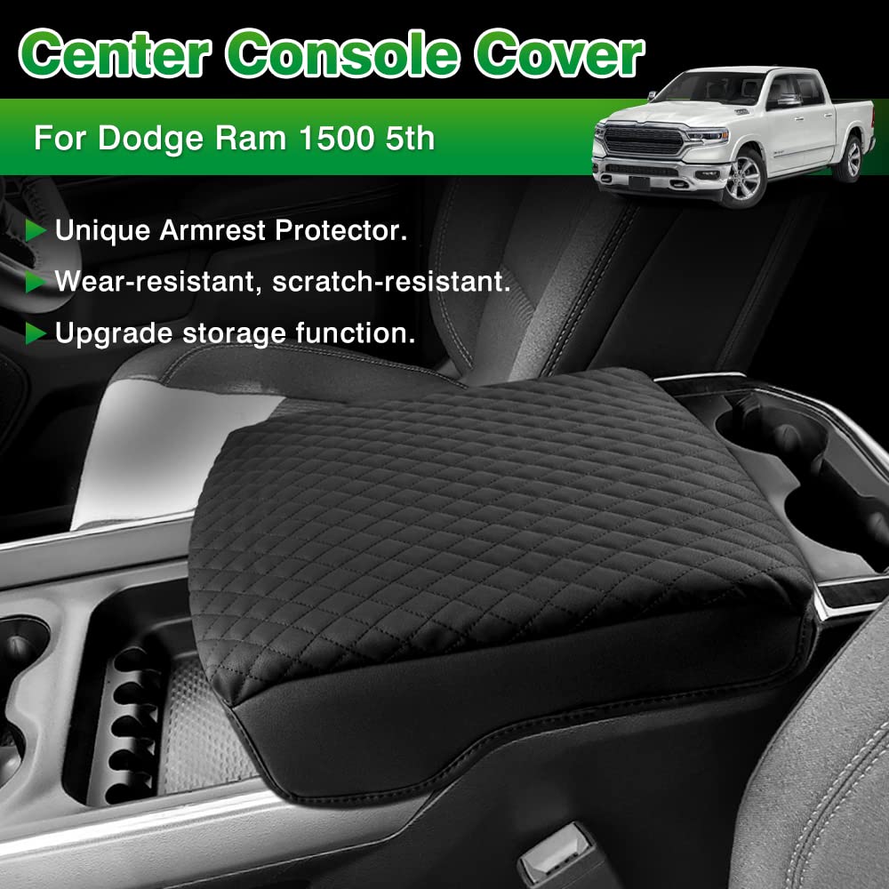 Shademax Dodge Ram 1500 Center Console Cover,Armrest Cushion Pad Cover for Dodge Ram 1500 Accessories 2019 2020 2021 2022 2023 2024, PU Leather Dodge Console Cover Anti-Scratch Black