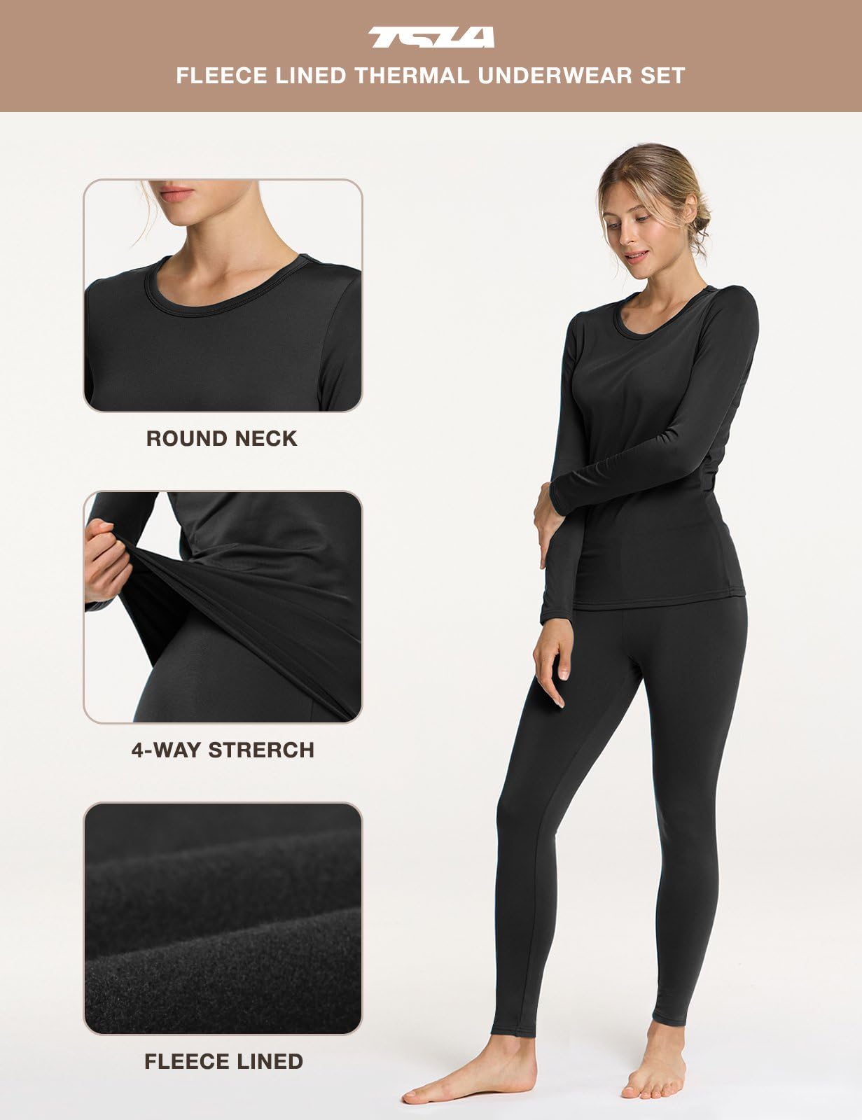 TSLA Women's Thermal Underwear Set, Soft Fleece Lined Long Johns, Winter Warm Base Layer Top & Bottom, Fleece Set Black, Small