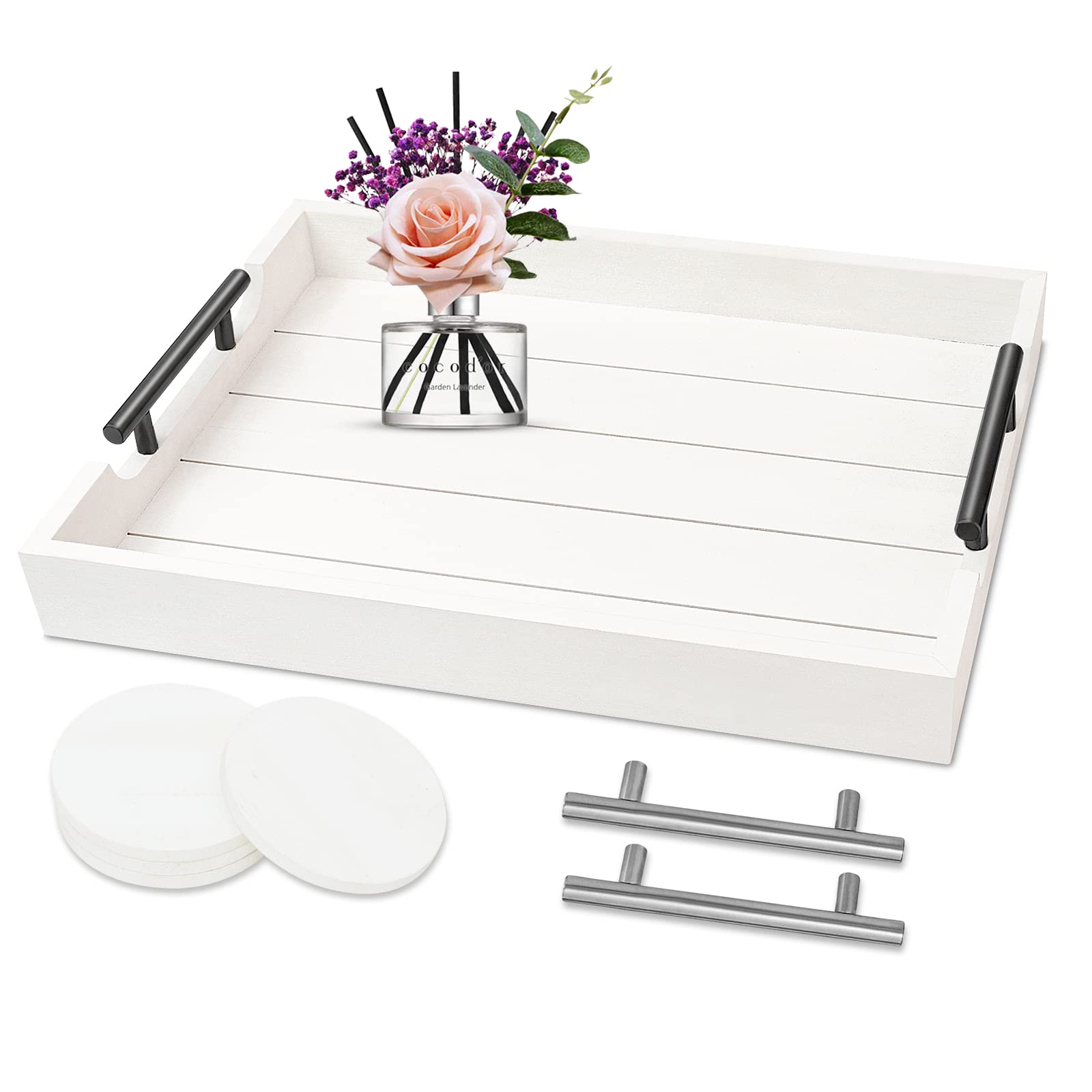 SXNOWS White Wooden Coffee Table Tray - Large Ottoman Tray for Living Room - White Wooden Serving Tray with Handles(2 Sets) - Wooden Serving Tray for Ottoman, 4 Round Coasters Included