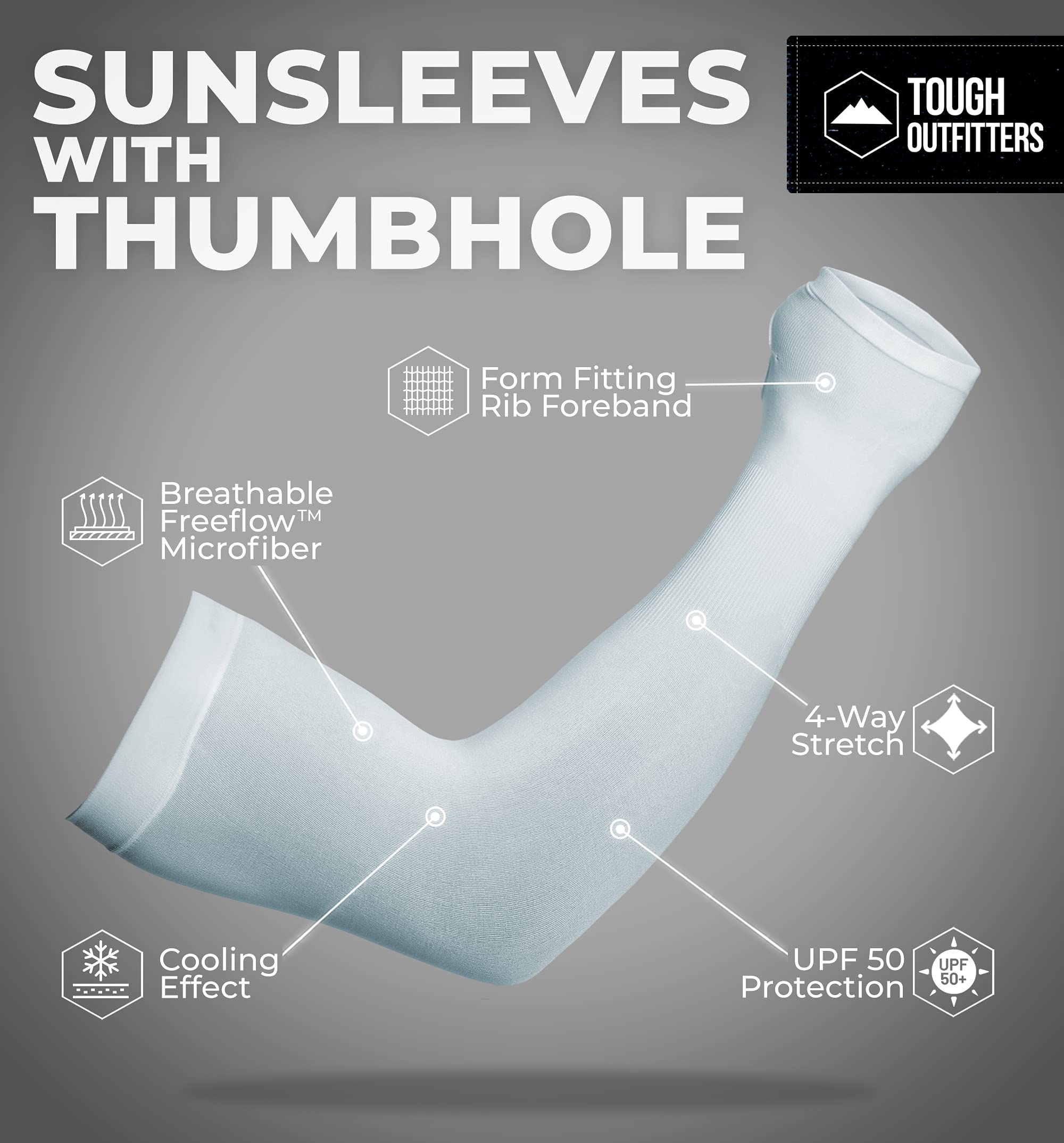 Tough Outdoors UV Sun Protection Arm Sleeves for Men & Women - UPF 50 Cooling Sports Compression Arm Shield w/Hand Cover