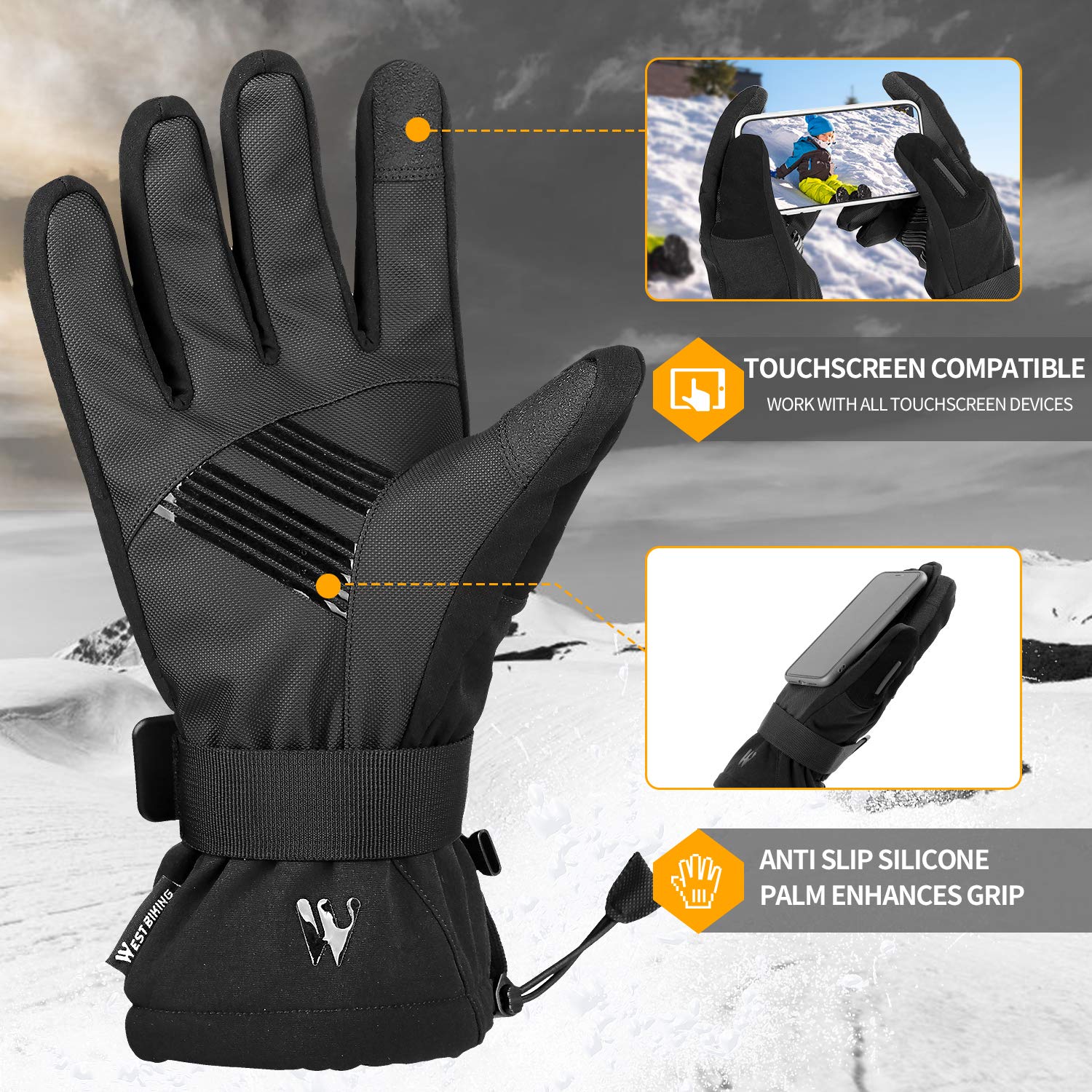 West Biking Gift Winter Ski Gloves 2-in-1 Under Gloves with Separate Liners, 3M Thinsulate Waterproof Touchscreen Warm Snowboard Gloves