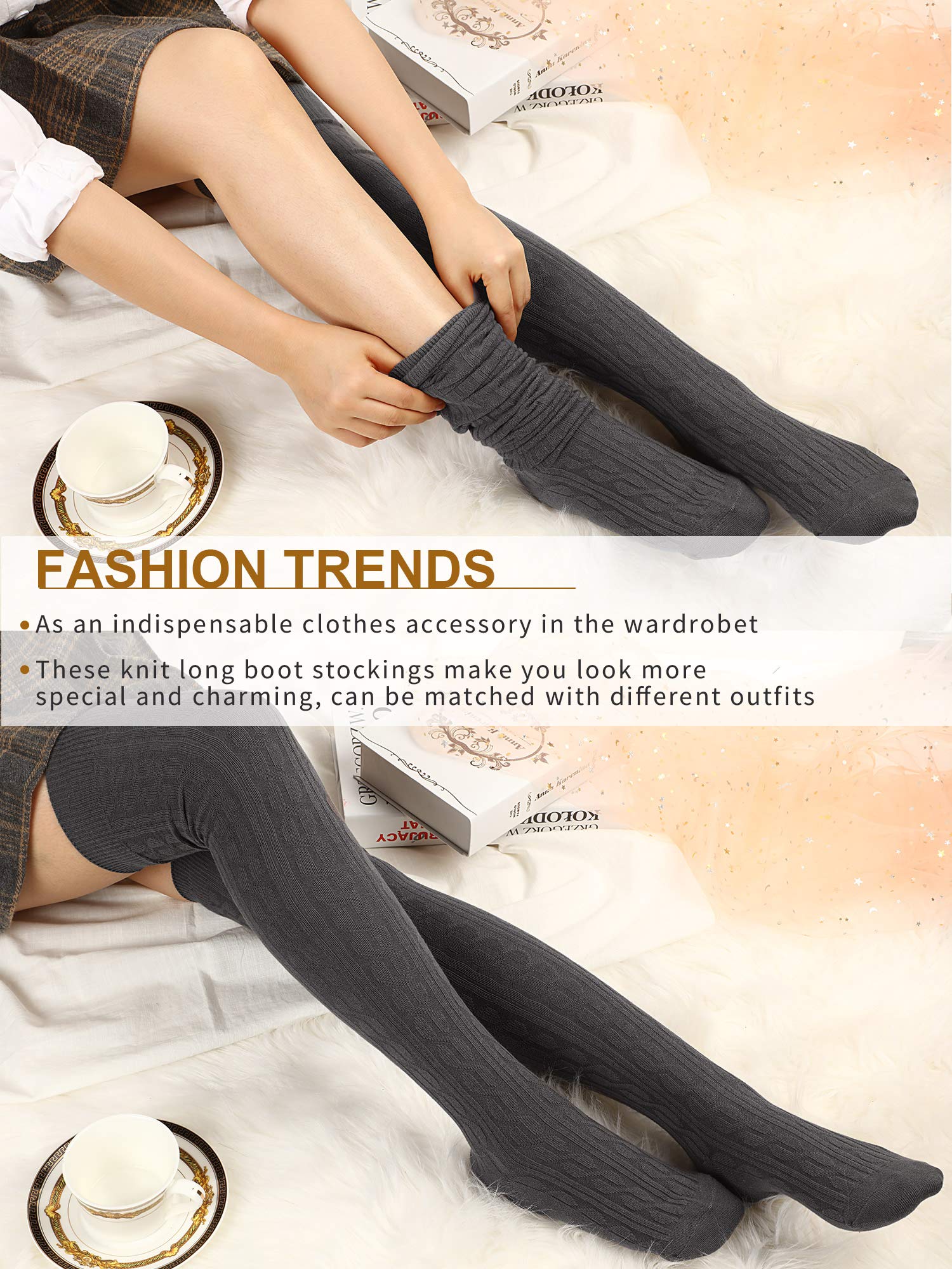 SATINIOR 3 Pairs Thigh High Socks Over Knee Socks Cotton Thigh High Knit Boot Stockings(Black, Dark Gray and White)