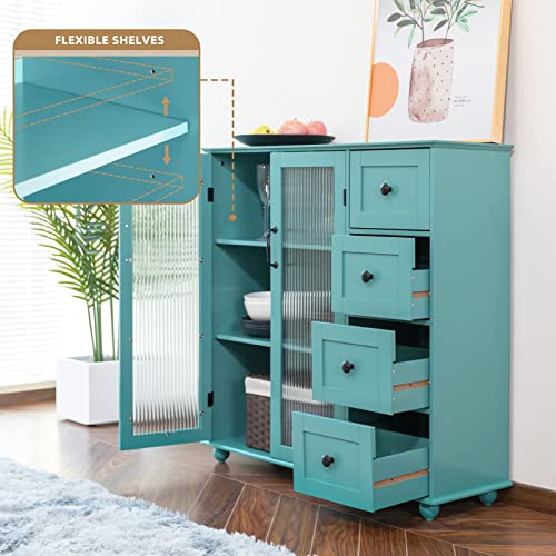 Scurrty 36'' Coffee Bar Cabinet Buffet Sideboard Table with Storage, Glass Display Cabinet, 4 Drawers & 2 Doors Kitchen Cupboard, Storage Organizer for Dining Room, Living Room, Entryway, etc (Green)