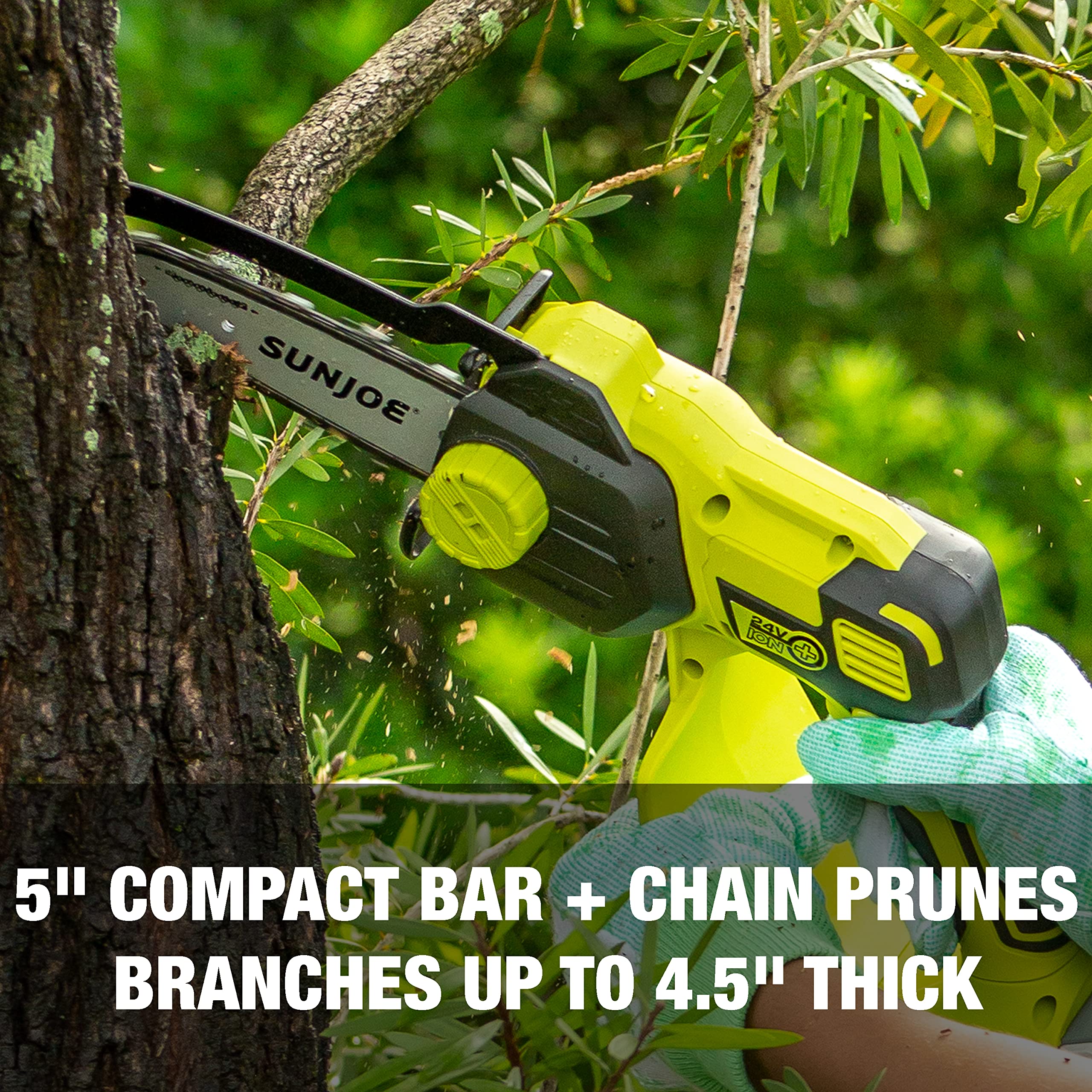 Sun Joe 24V Cordless Mini Chainsaw Bundle with Premium Oil and Cordless Grass Shear + Shrubber Handheld Trimmer