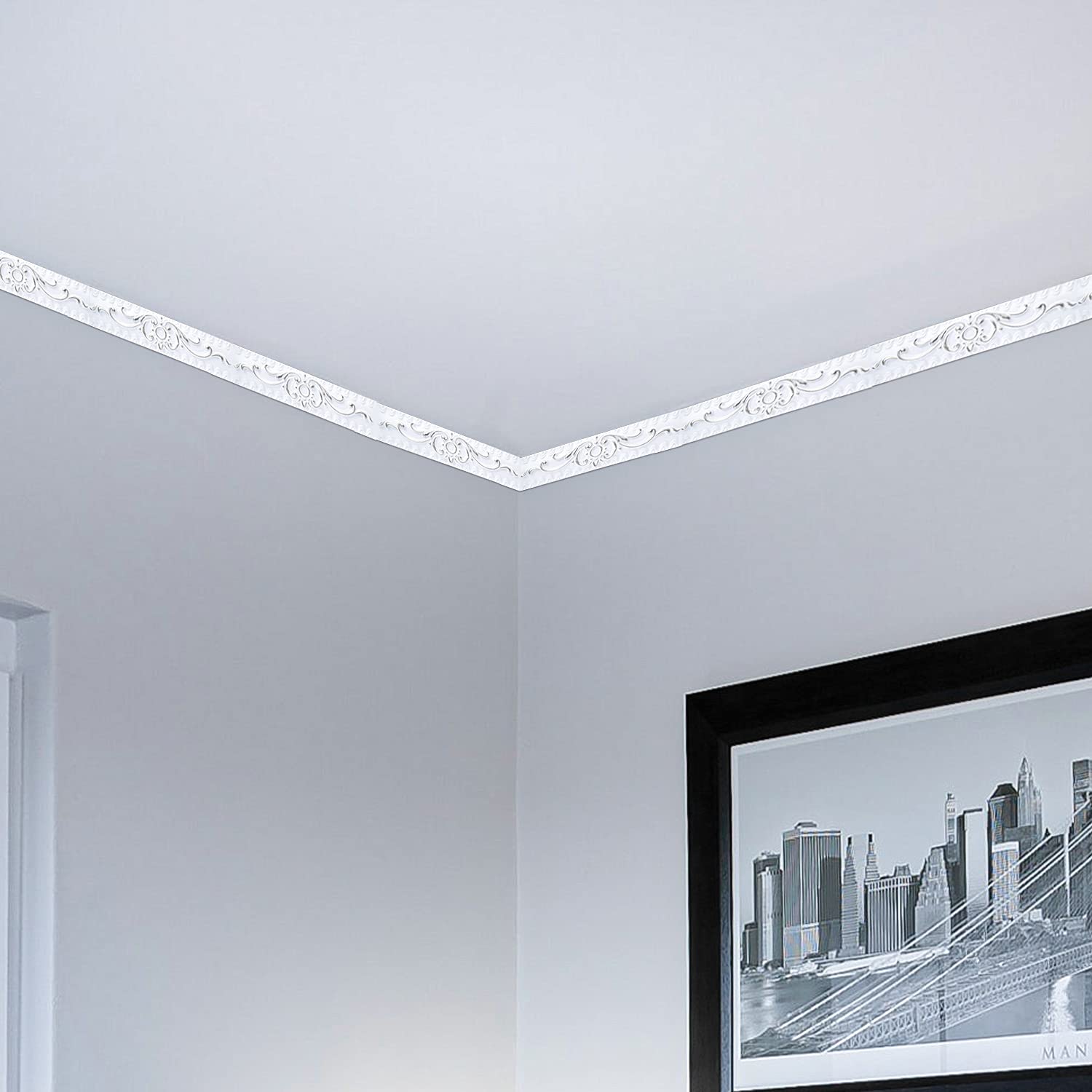 Yuzzy Self-Adhesive Flexible Molding Trim Wall Trim, 16.4 Feet x 1.4 inch Peel and Stick Crown Molding Ceiling Molding Mirror Frame Trim(White)