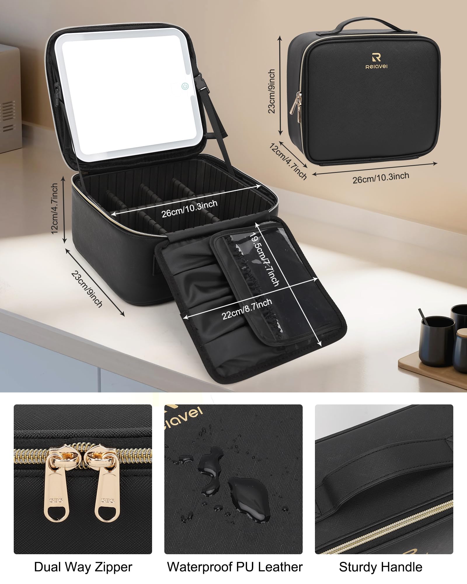 Relavel Makeup Organizer Bag, Makeup Case Leather Travel Makeup Bag 2 Layers Train Case Large Cosmetic Case Portable with Adjustable Dividers Makeup Brushes Holder Storage Box (Small Black)