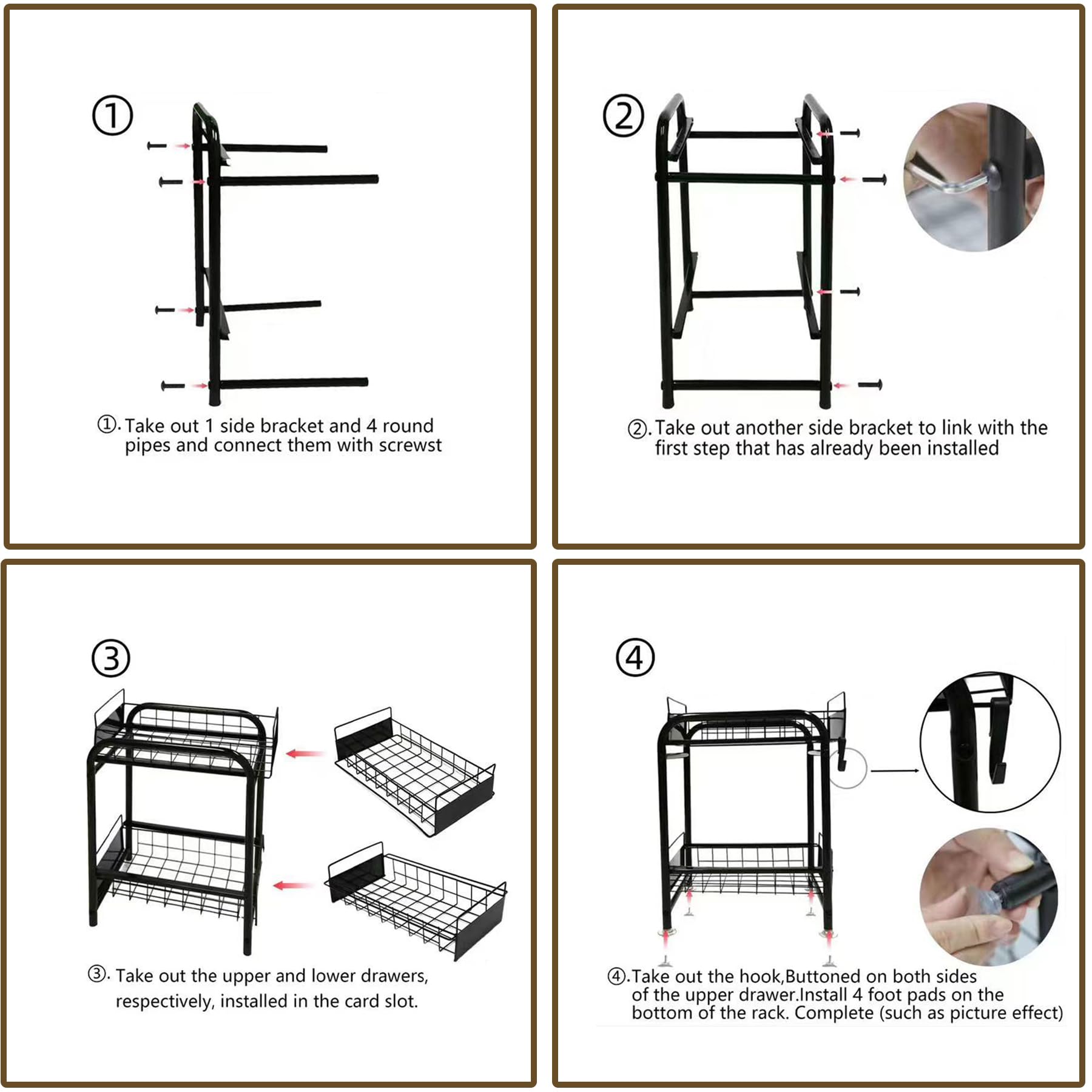 Under Sink Organizers Storage Pull Out Drawers, Metal 2 Tier Slide Out Sink Shelf Cabinet with 2 Drawers, Double Sliding Storage Shelves with Hooks Kitchen Bathroom Black
