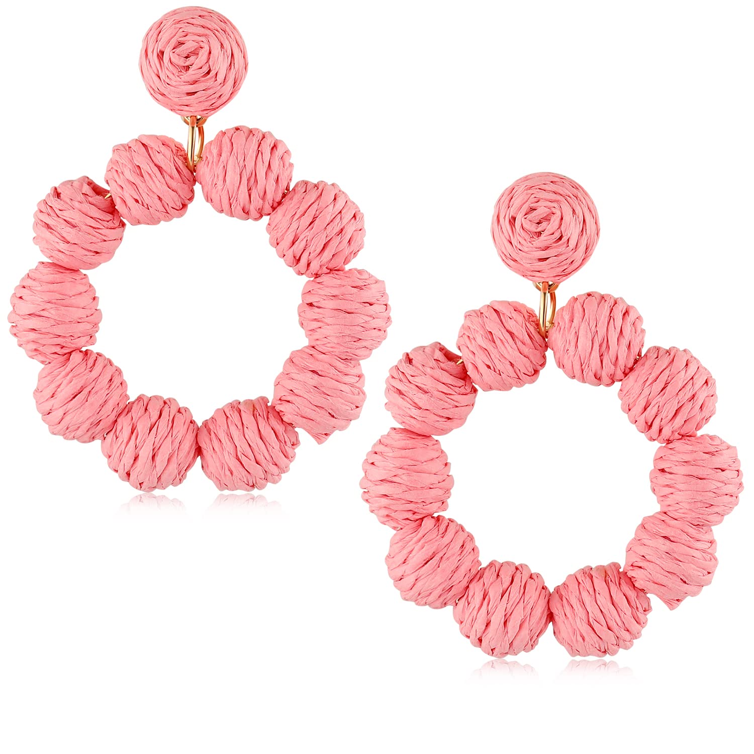 Statement Raffia Earrings for Women Boho Rattan Ball Hoop Dangle Earrings Handmade Bohemia Braid Straw Wicker Raffia Wrapped Drop Earrings Summer Beach Earrings Jewelry