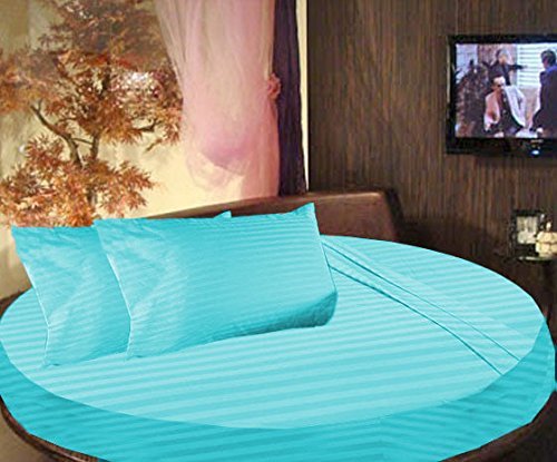 White House Linen Ultra-Soft Luxury 600 Tc Egyptian Cotton 3pc Round Bed Sheet Set Turquoise Stripe 76" Diameter + Standard Size15 Inches Deep Pocket