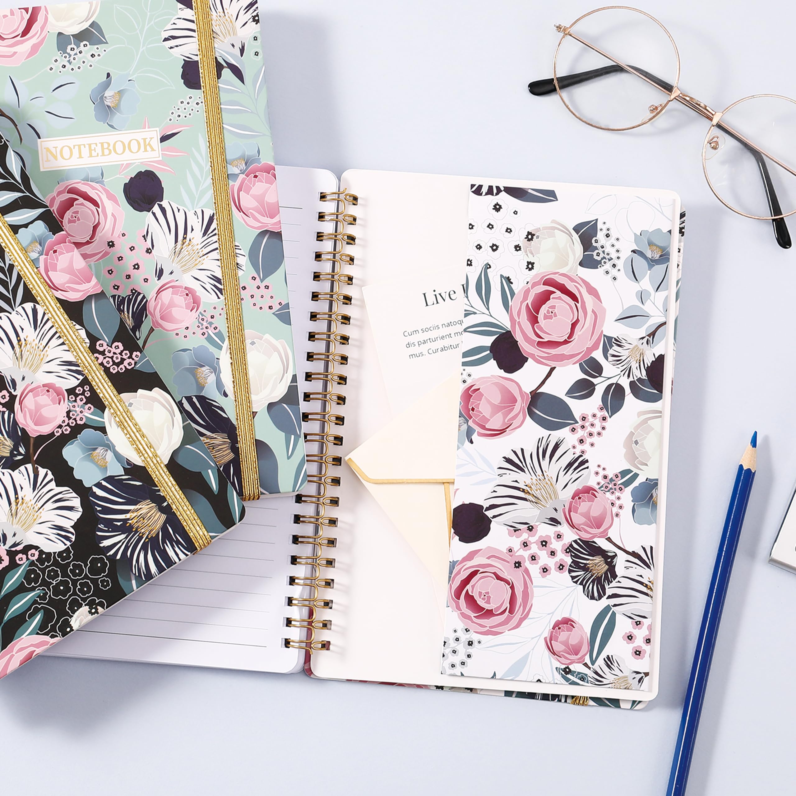 Spiral Notebook - 3 Pack A5 Lined Notebook, Spiral Journal for Women, 5.7" x 8.4", 160 Pages, College Ruled Writing Notebook with Back Pocket, 100gsm Paper, Elastic Closure for Office & School