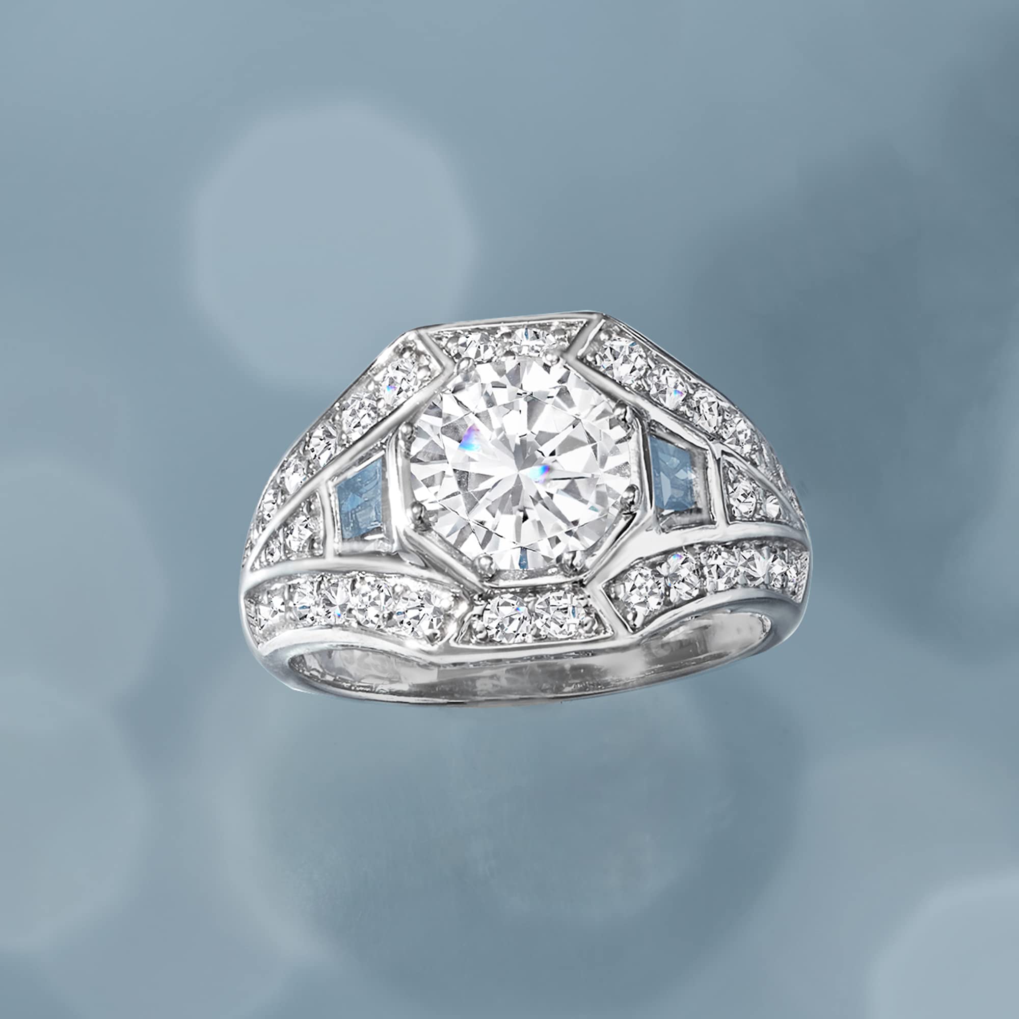 Ross-Simons 2.62 ct. t.w. CZ and .50 ct. t.w. Simulated Aquamarine Ring in Sterling Silver. Size 8