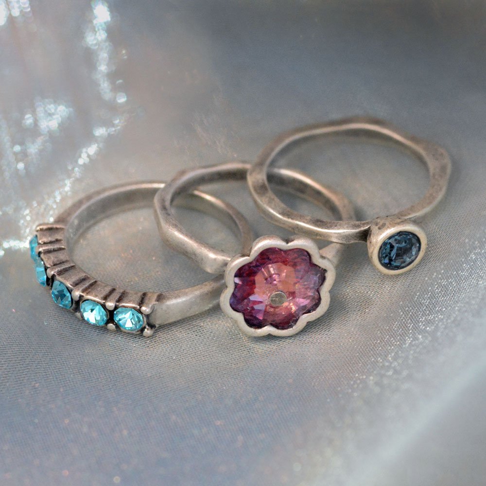 Sweet Romance Vintage Flower Swarovski Crystal Inspirational Wanderlust Boho Stack Rings - Set of 3 Stacking Rings (E - Adventure - Size 7)