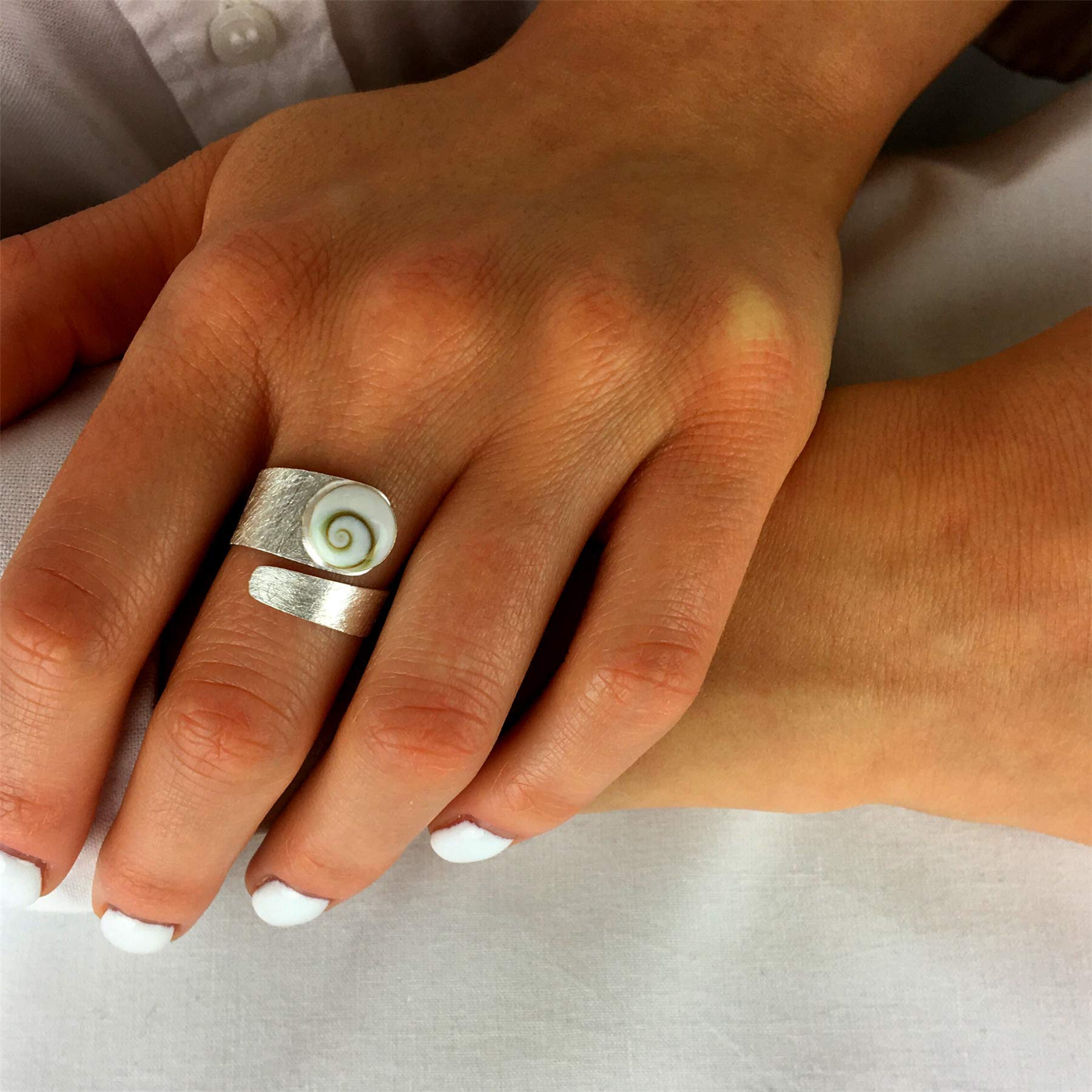Silverly Shiva Eye Shell Adjustable Rings for Women - 925 Sterling Silver Rings - Satin Finish Solid Silver Ring With Gemstone - Spiral Swirl Wrap Birthstone Adjustable Design
