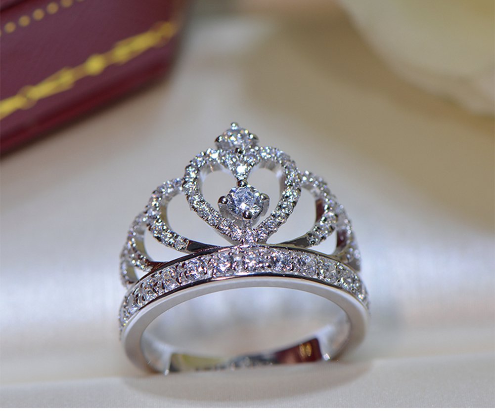 Tenfit 925 Silver Princess Crown Ring with CZ Inlaid Fashion Jewelry Engagement Wedding Ring for Women,Size 5