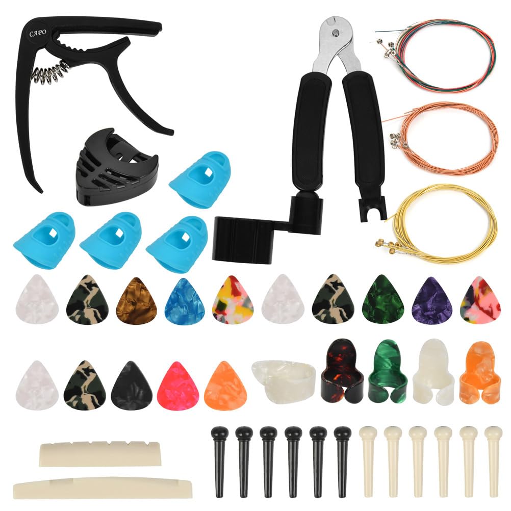 TIMESETL Guitar Accessories Kit Guitar Tool Changing Kit Include Acoustic Guitar Strings, Tuner, Capo, String Winder, Picks, Pick Holder, Bridge Pins, Nuts & Saddles, Finger Protector, Finger Picks