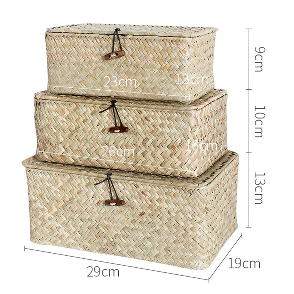 Storage Shelf Basket with Lid Rectangular Handmade Seagrass Rattan Woven Makeup Organizer Multipurpose Container Natural Box for Shelves