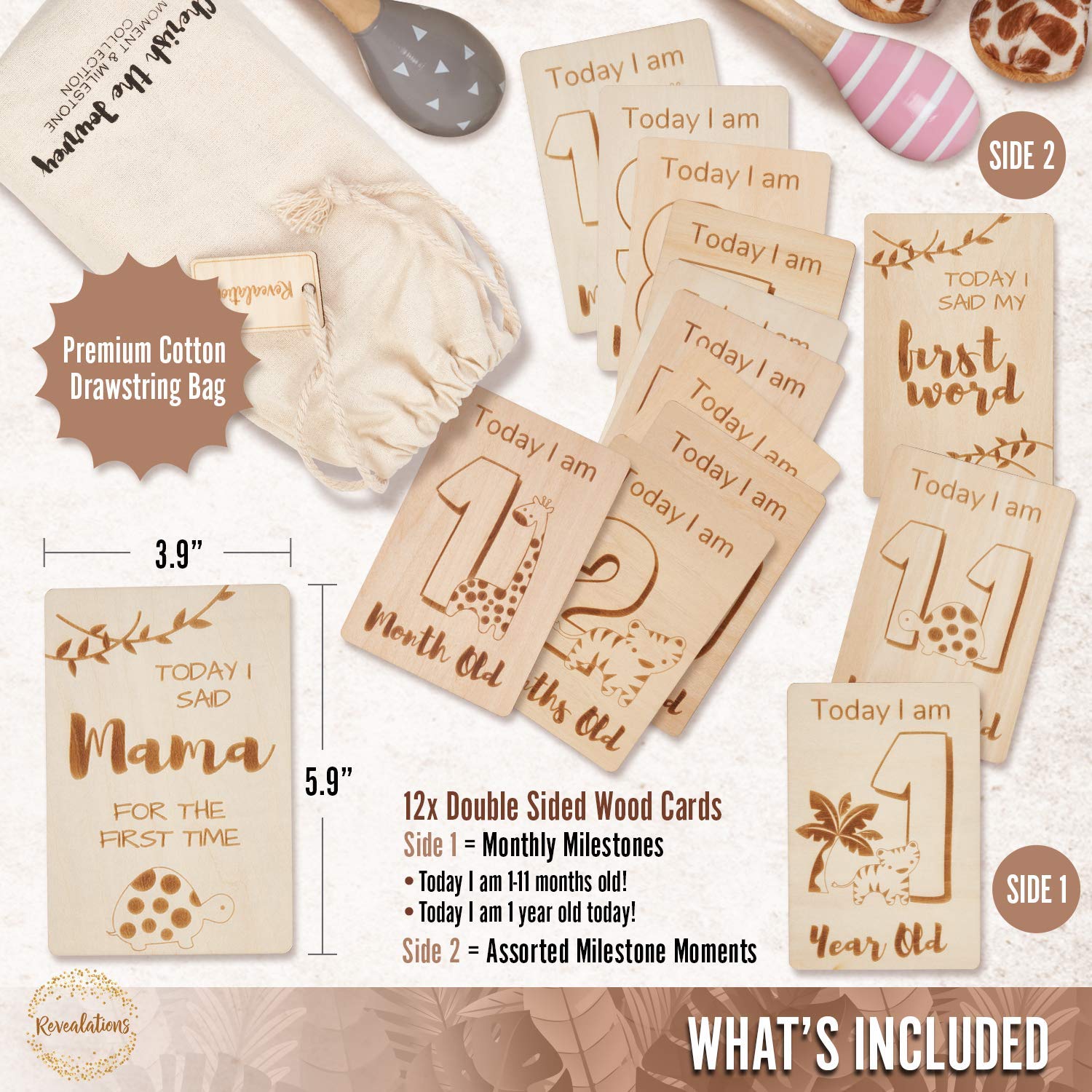 Wooden Monthly Milestone Cards - 24 Double Sided Cute Jungle Designs Organic Drawstring Bag Perfect Unisex Gender Neutral Gift
