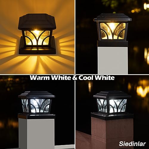 SIEDiNLAR Solar Post Cap Lights Outdoor, Aluminum Glass 2 Modes Edison LED Bulbs for 4x4 5x5 6x6 Vinyl Wooden Posts Deck Fence Patio Decor, Warm White/Cool White Lighting 6 Pack (Black)