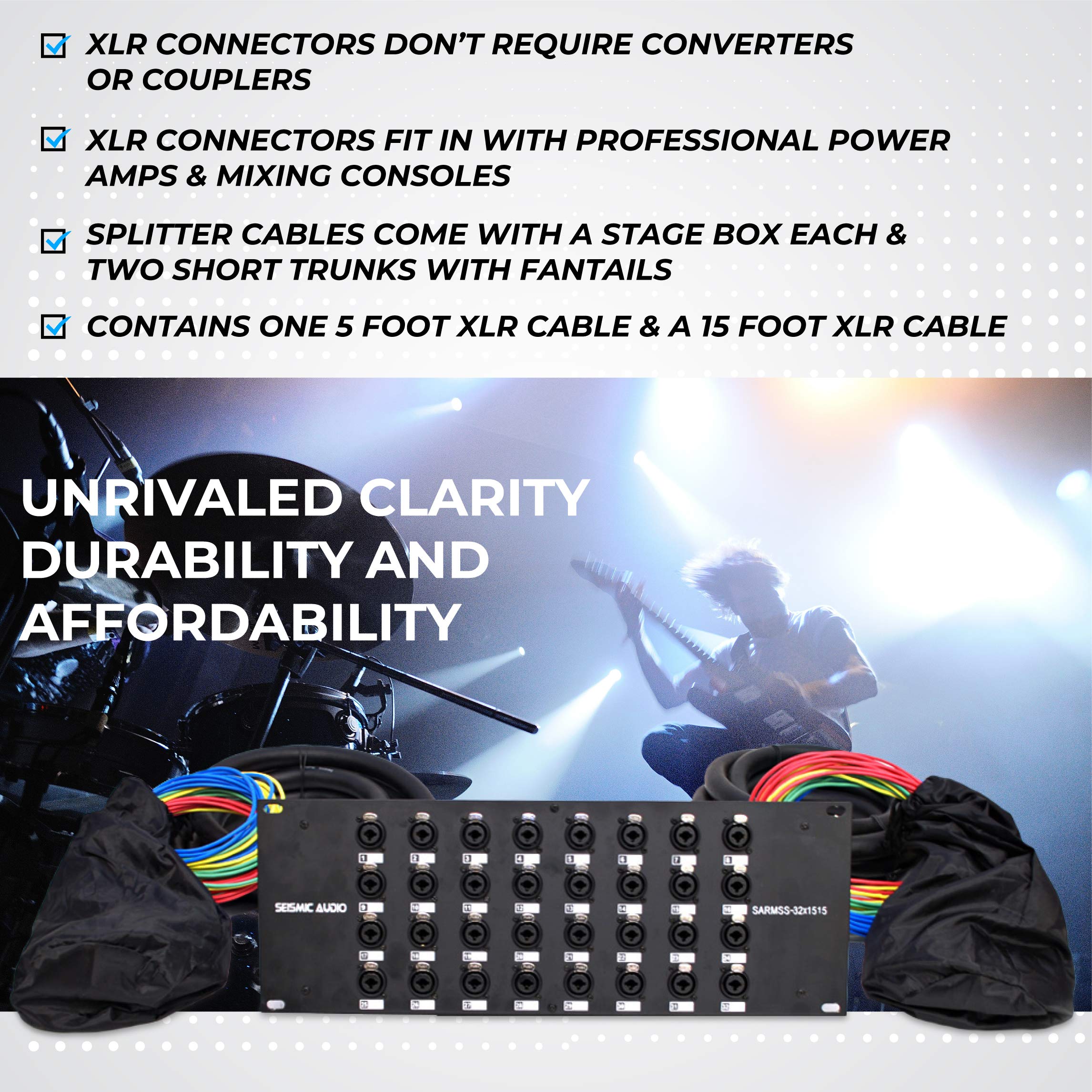 Seismic Audio Speakers Rack Mount 32 Channel XLR TRS Combo Splitter Snake Cable, 5’ And 15’ XLR Trunks, 32 Channel Splitter