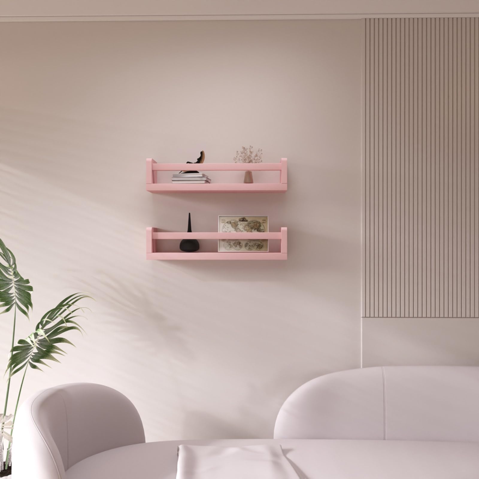 SAUMONIERES Nursery Book Shelves Solid Wood Floating Bookshelves for Wall Mounted Bookshelf for Kids Room, Pink, Set of 2