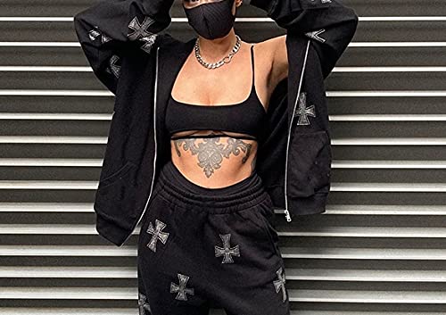 TINXIEA Women's E-Girl Oversized Sweatshirt Vintage Zip Up Hoodies Coat Long Sleeve 90s Streetwear Pullover Jacket(Black Rhinestone Cross, Small)