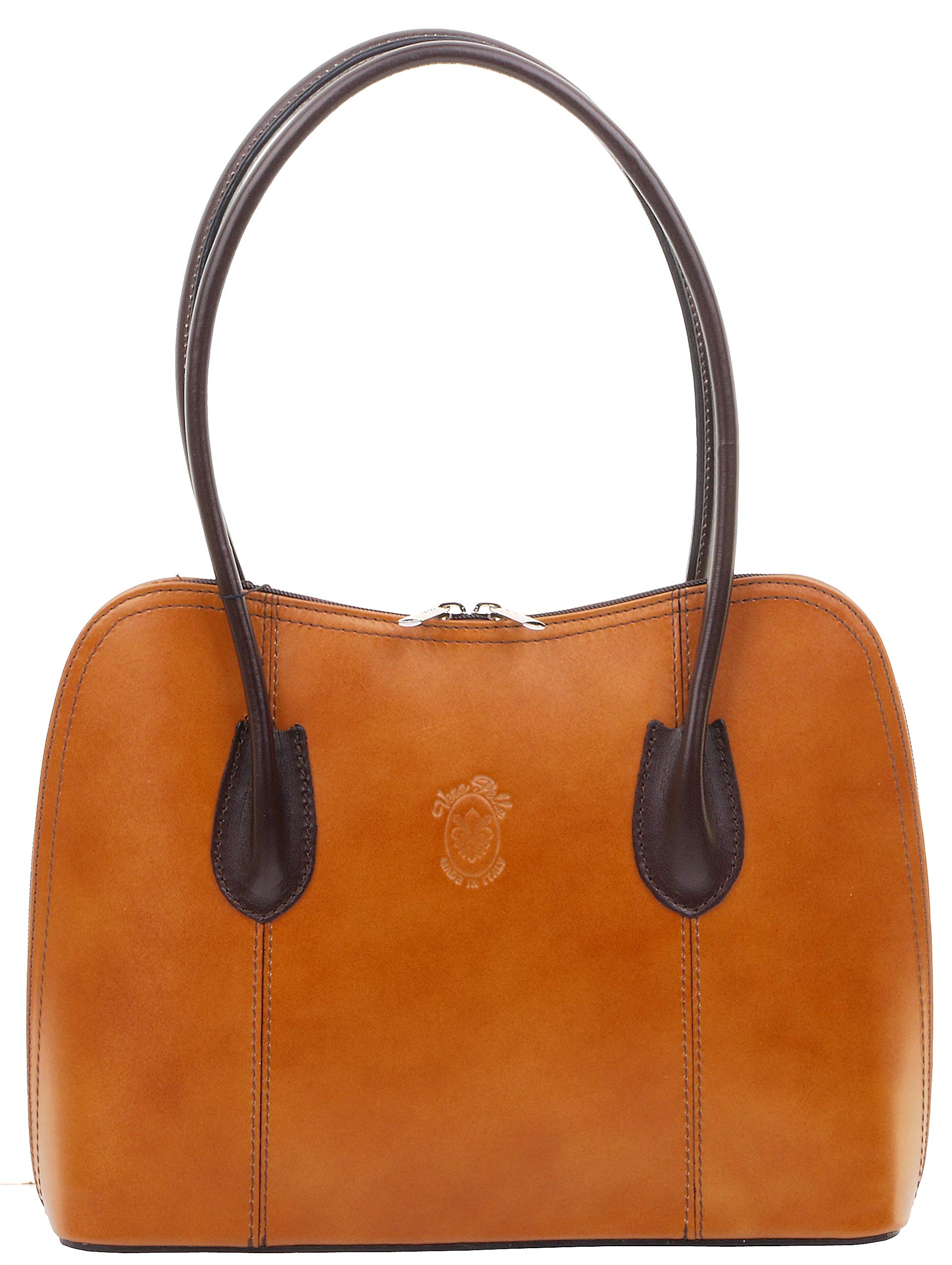 PRIMO SACCHI Italian Smooth Tan Brown Leather Classic Long Handled Handbag Tote Grab Shoulder Bag