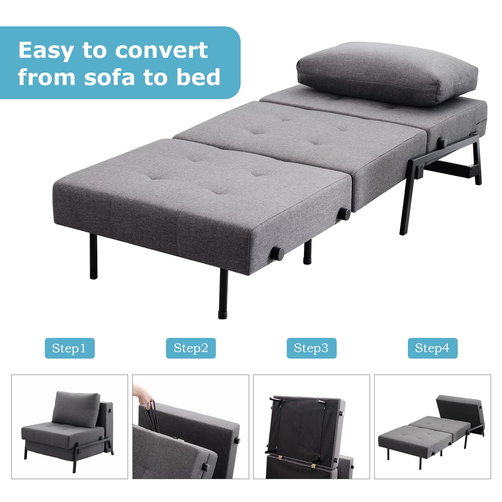 Vonanda Sofa Bed, Convertible Chair Bed Multi-Function Sleeper Chair Modern Breathable Linen Folding Sofa Sleeper with Hidden Legs for Small Room Apartment, Dark Gray