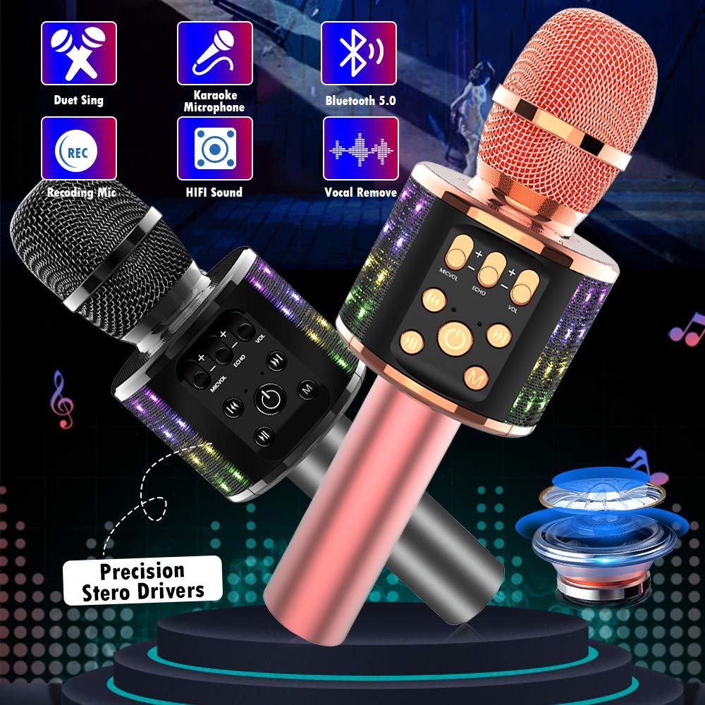 Wireless Bluetooth Karaoke Microphone with Controllable LED Lights, Portable Handheld Funny Microphone for Kids with Dual Sing, Suitable for Christmas Birthdays Family Gatherings Speeches(Black)