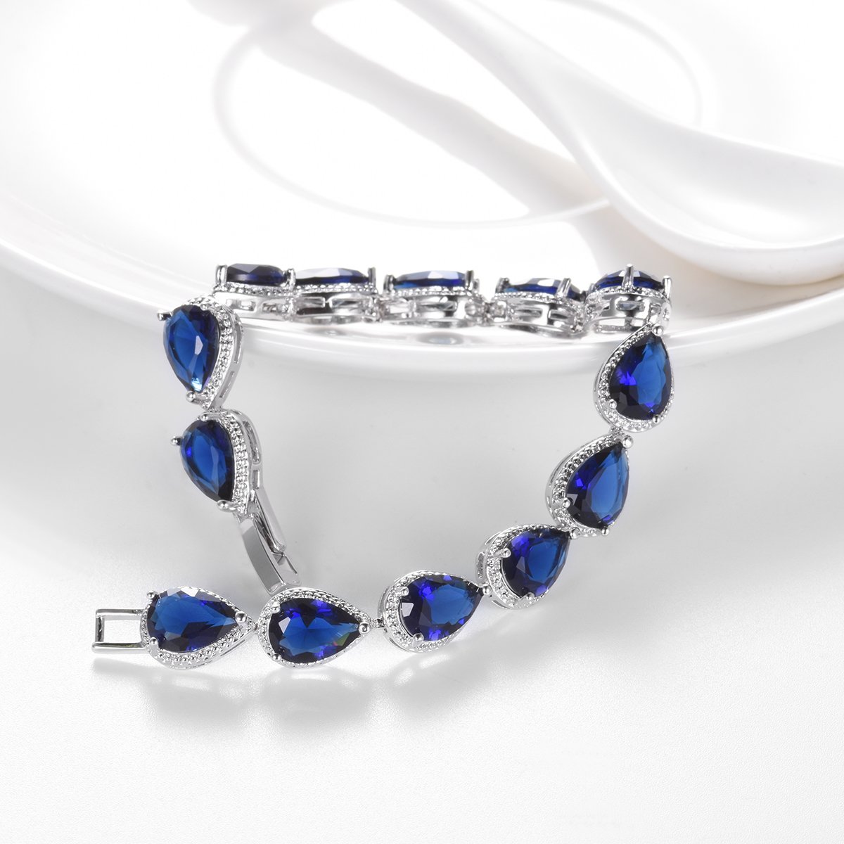 SELOVO Sapphire Color Dark Navy Blue Stone Teardrop Link Tennis Bracelet for Women Silver Tone