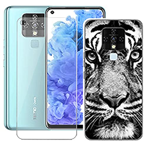 YZKJSZ Case for Tecno Camon 16 Cover + Screen Protector Tempered Glass Protective Film - Flexible Soft Gel Transparent TPU Silicone Case for Tecno Camon 16 (6.8") - ZQ30
