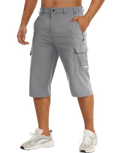 TACVASEN Mens Long Shorts 3/4 Shorts for Men Below Knee Nylon Cargo Shorts Stretch Casual Capri Pants Workout Shorts for Men Gym Outdoor Sports Light Grey