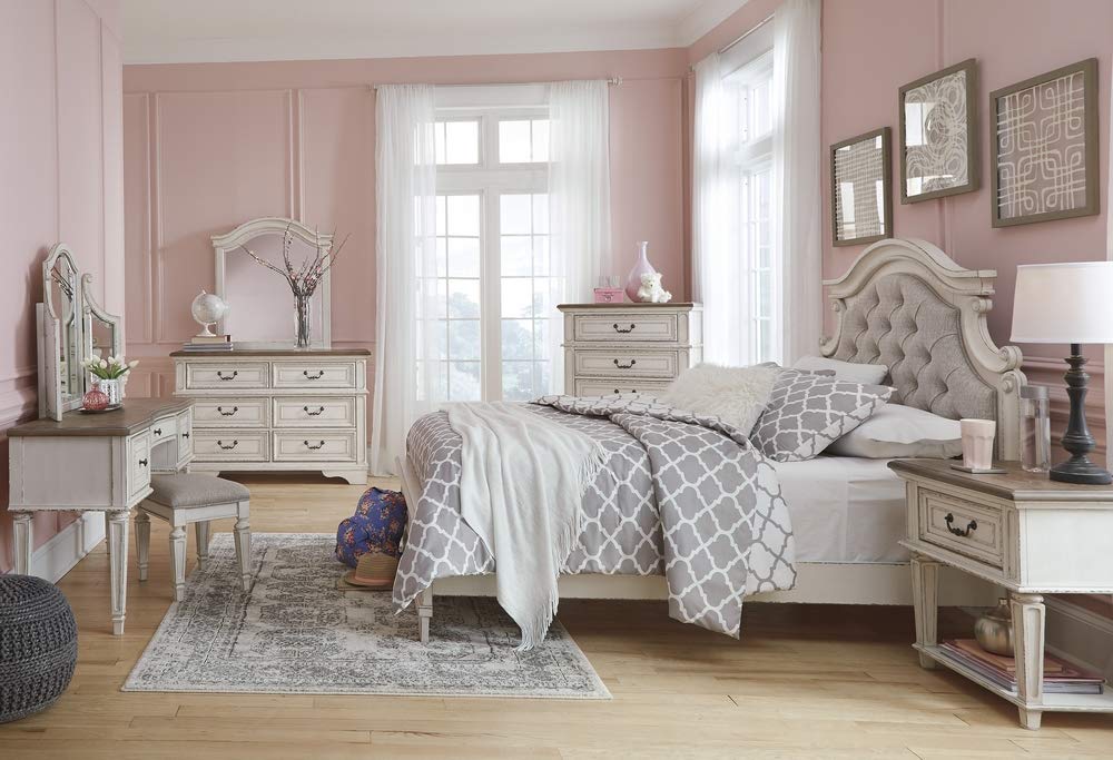Signature Design by Ashley Realyn Traditional Cottage 3 Drawer Vanity Set with Dovetail Construction, Mirror & Stool Included, Chipped White, Distressed Brown