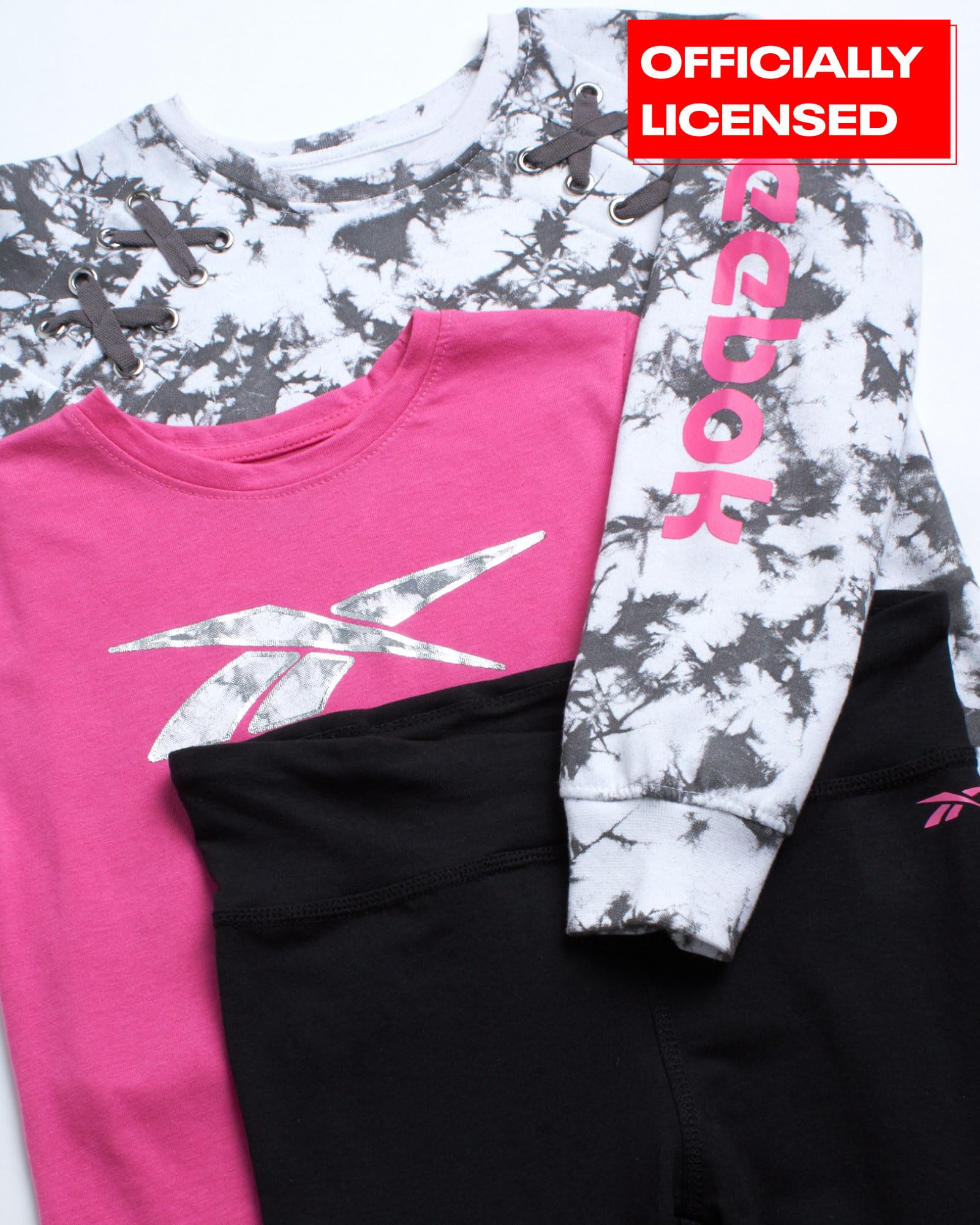 Reebok Girls' Active Leggings Set - 3 Piece Performance T-Shirt and Yoga Pants Leggings (4-12), Size 8, Pink/White/Navy