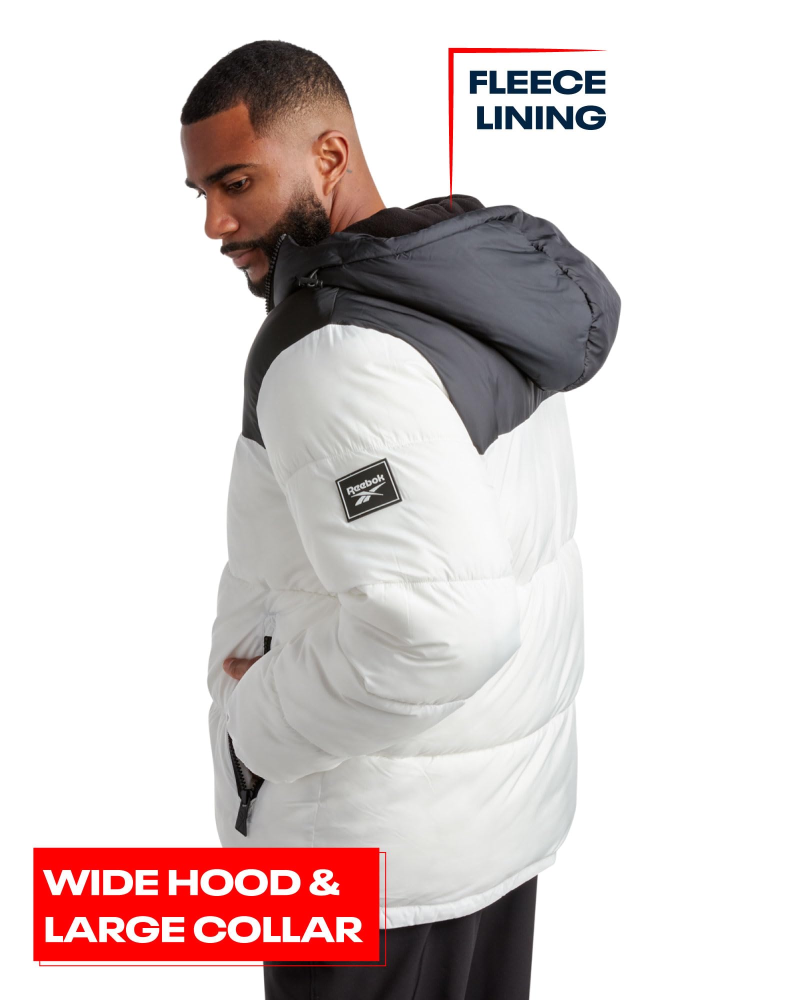Reebok Men's Winter Jacket - Heavyweight Quilted Puffer Parka Coat - Weather Resistant Ski Jacket for Men (8-20), Size Medium, Black/White
