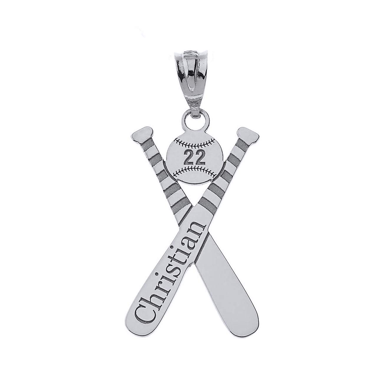 Sterling Silver Personalized Baseball and Baseball Bat Cross Sports Pendant with Your Name and Number