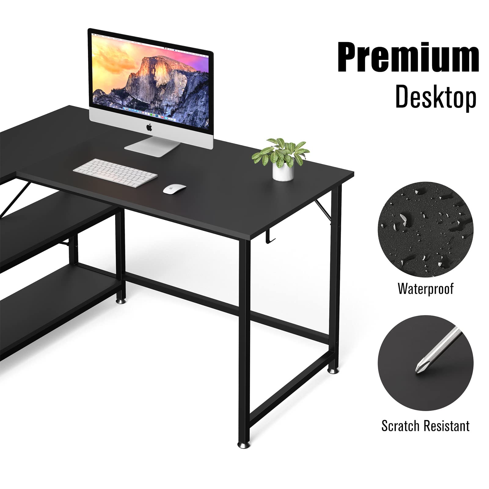 SunyesYo L Shaped Computer Desk 47 in - Small Office Home Gaming Desk with Storage Shelves - Study Writing Corner Table, Reversible Sturdy Workstation, Work PC Desk, Classic Black