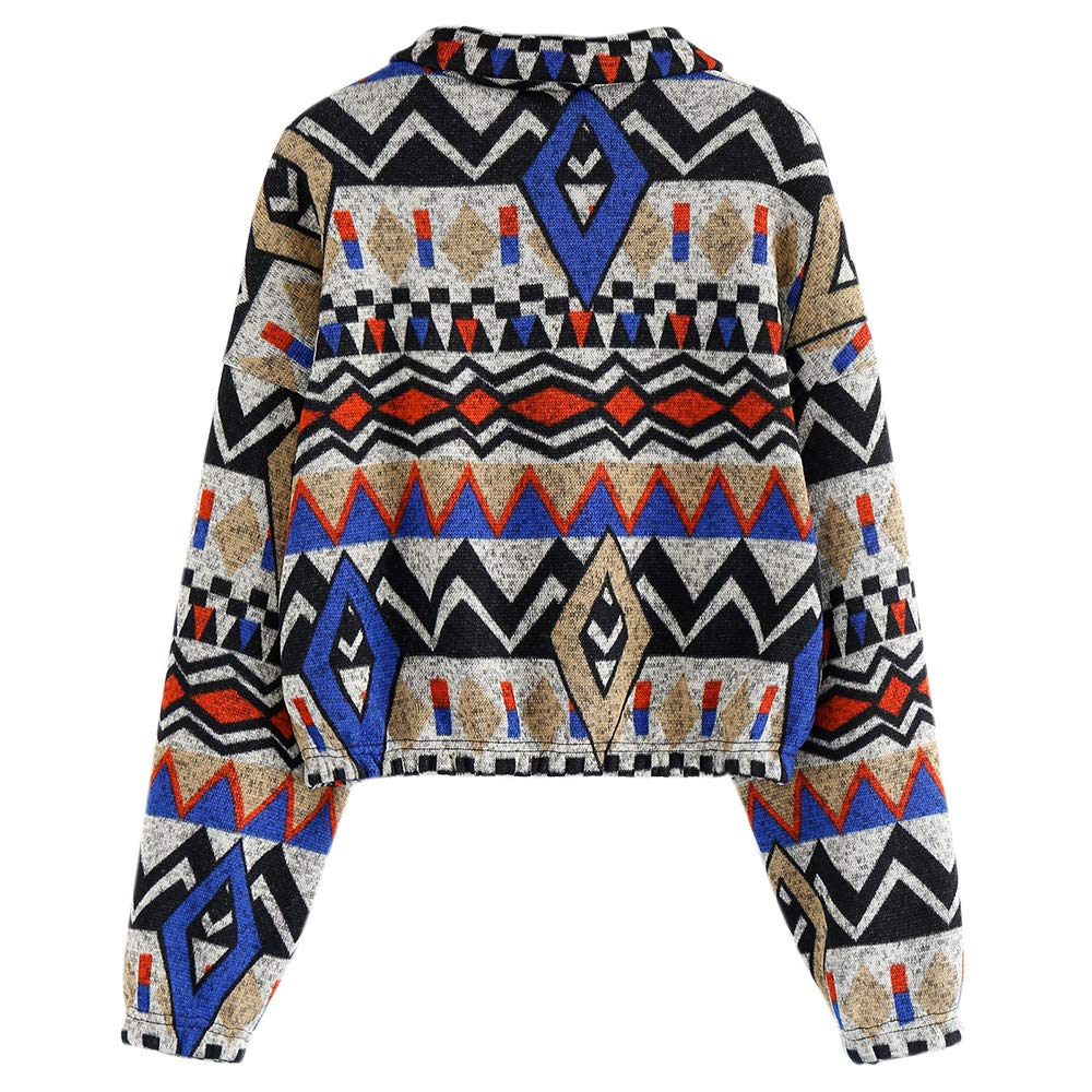 ZAFUL Women's Fashion Long Sleeve Lapel Half Zip Plain Faux Fur Sweatshirt Solid Color Crop Pullover Tops (S, Blue+red-Ethnic Print)