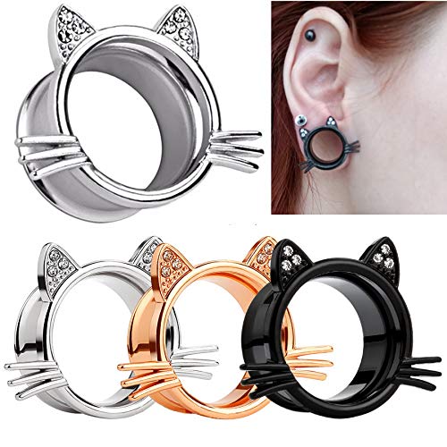 SUPTOP 2pcs Cute Kitty Ear Gauges Plugs And Tunnels for Ear Rose Glod Stretched Ears Size 2g - 1 inch