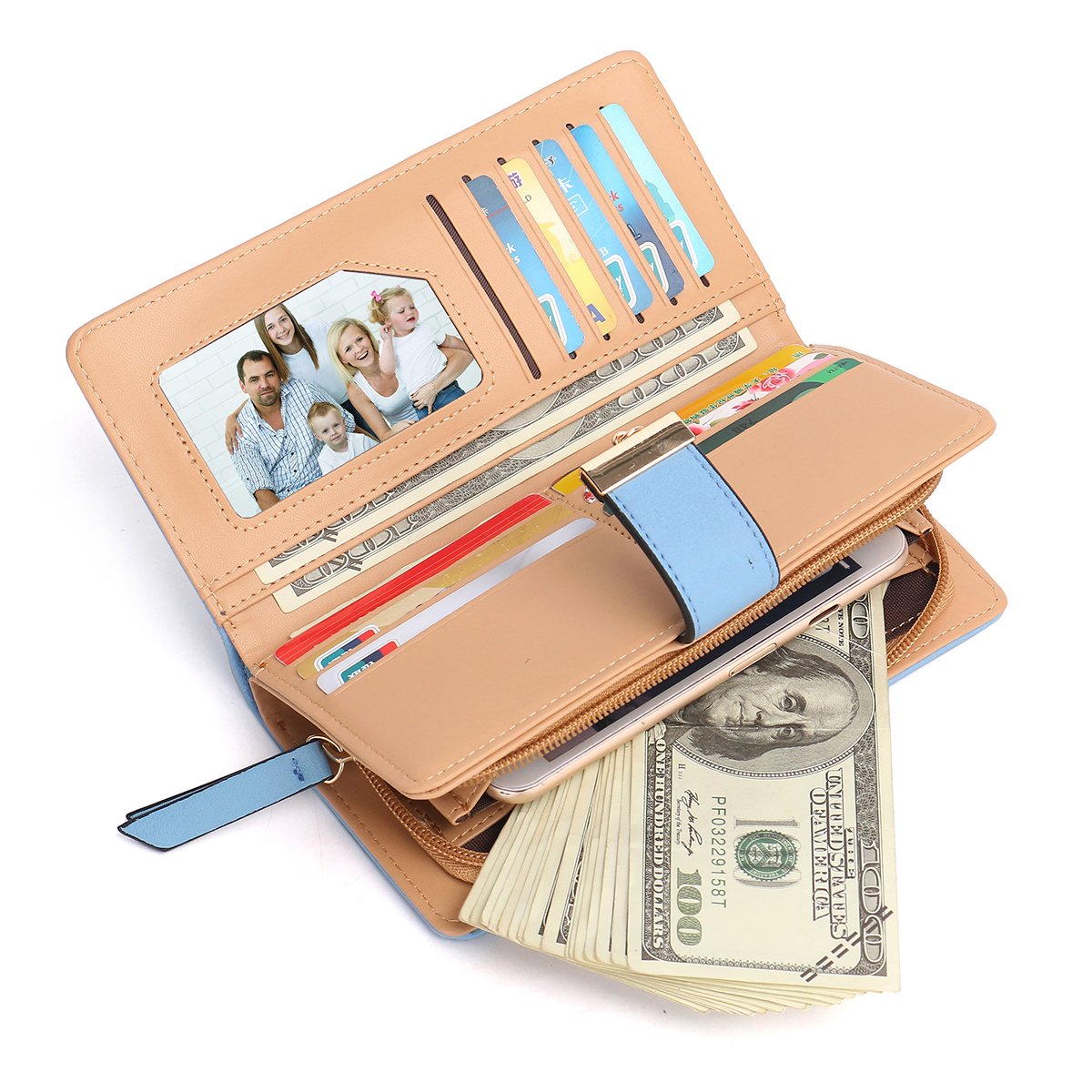 Women's Long short Leather Money Clip Card Case Holder Purse Zipper Buckle Elegant Clutch Wallet(pair) (Blue Large)