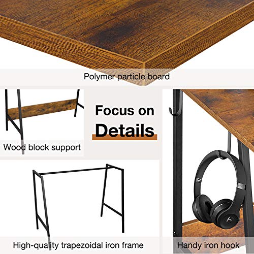 WEWILL Computer Desk Writing Study Table for Home Office,PC Notebook Writing Table with Stable Trapezoidal Metal Structure Modern Student Desk with Two Hooks,Easy to Install,Rustic Brown